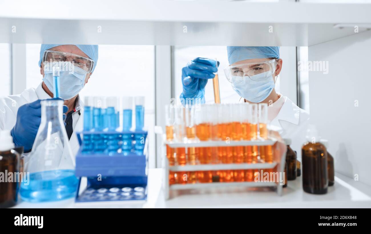 close up. test tubes on the table in the biochemical laboratory Stock ...