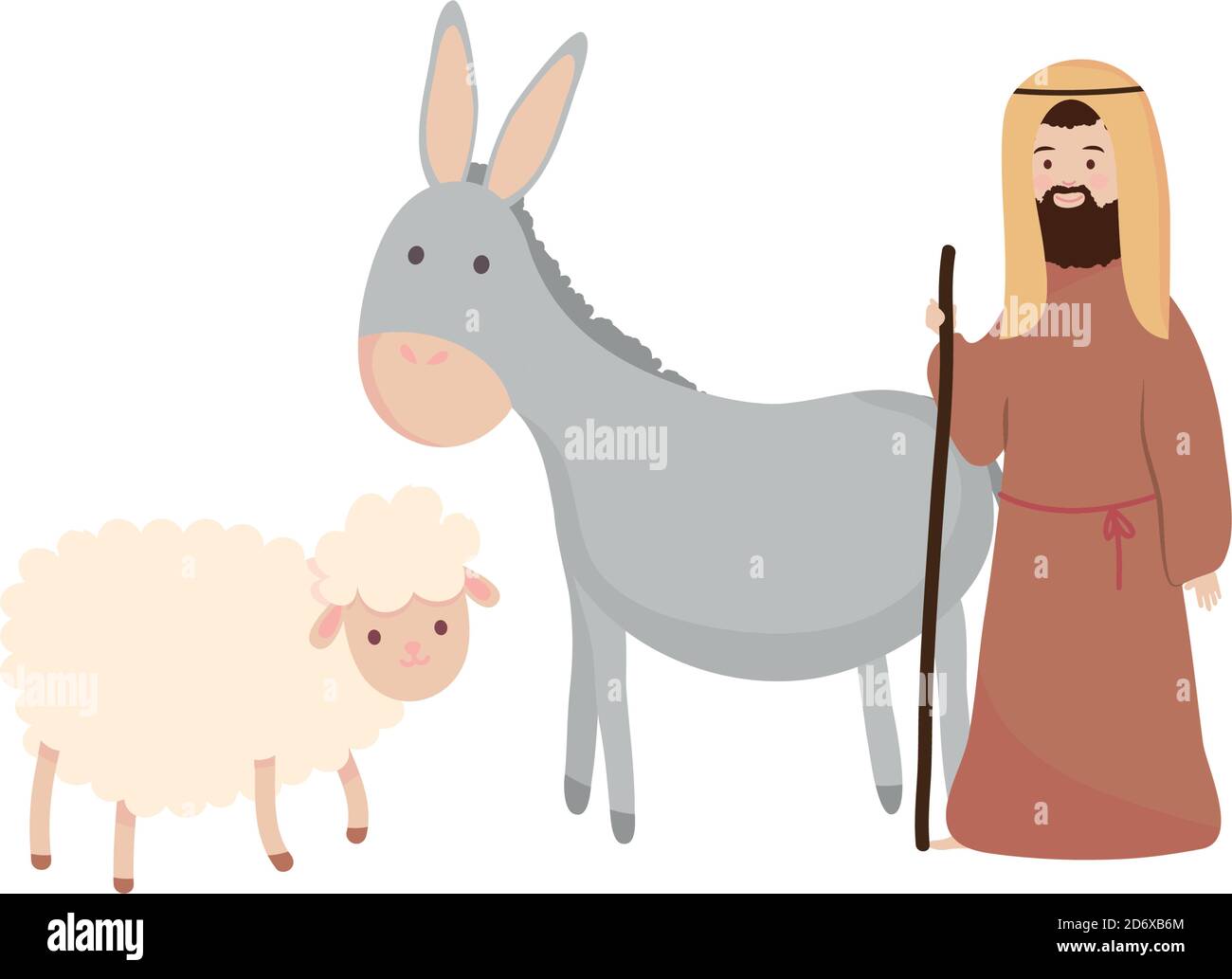 Nativity concept, Joseph with donkey and sheep over white background ...