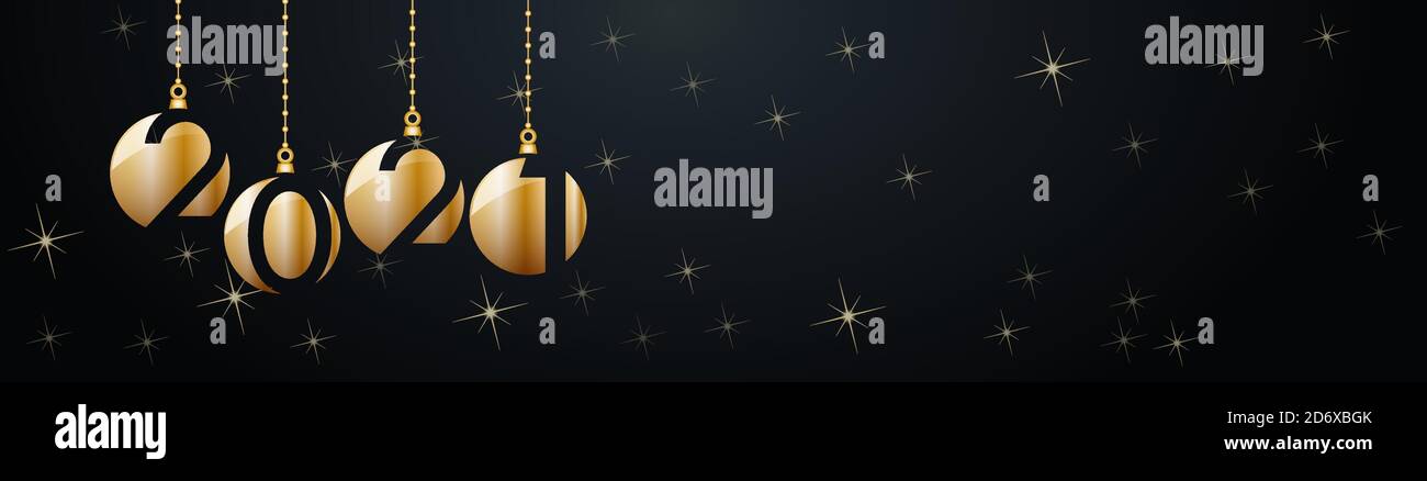 2021 Happy New Year header background. Golden balls and stars, banner ...