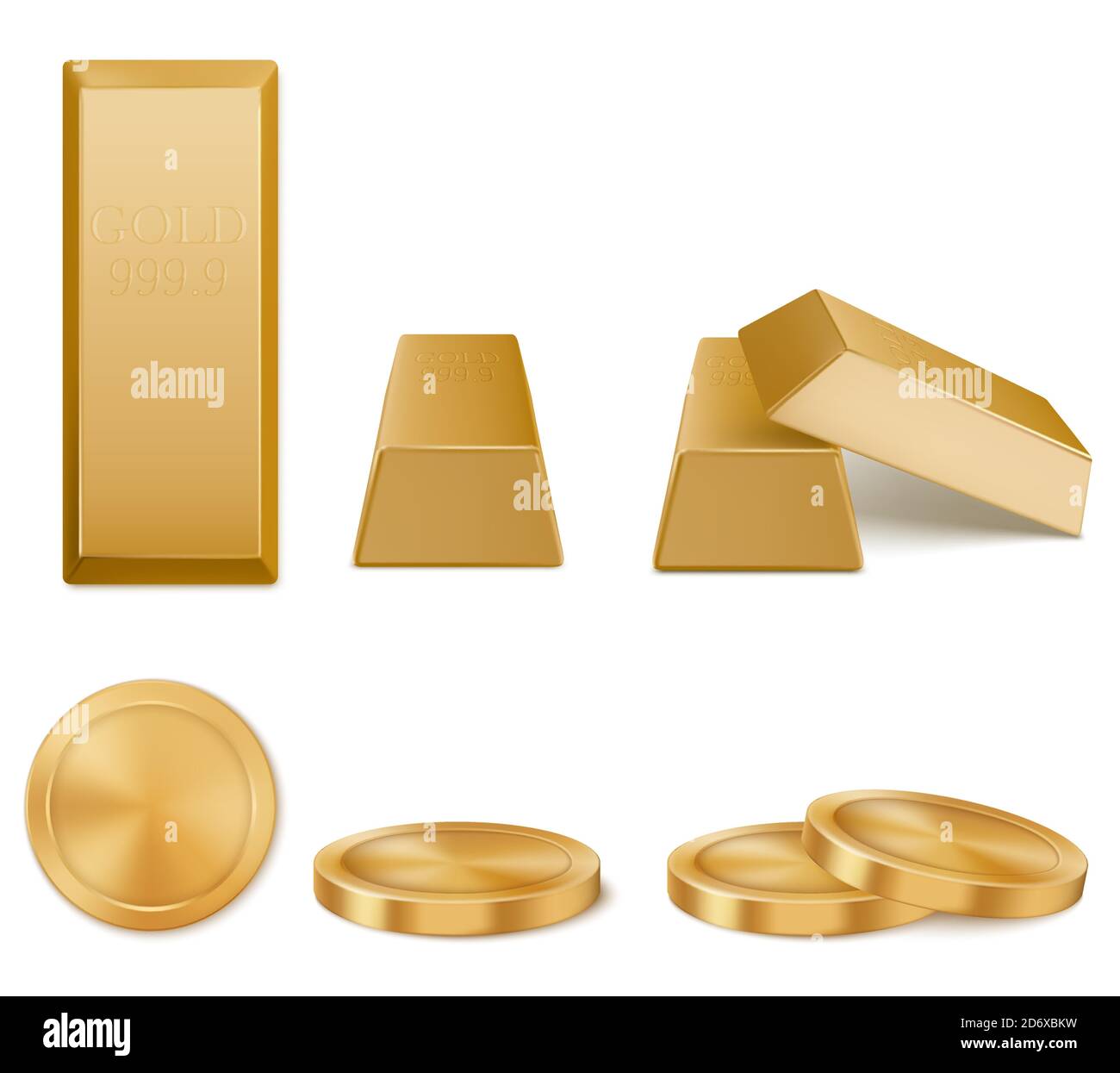 Golden bars, yellow metal ingots and coins isolated on white background. Concept of money ...