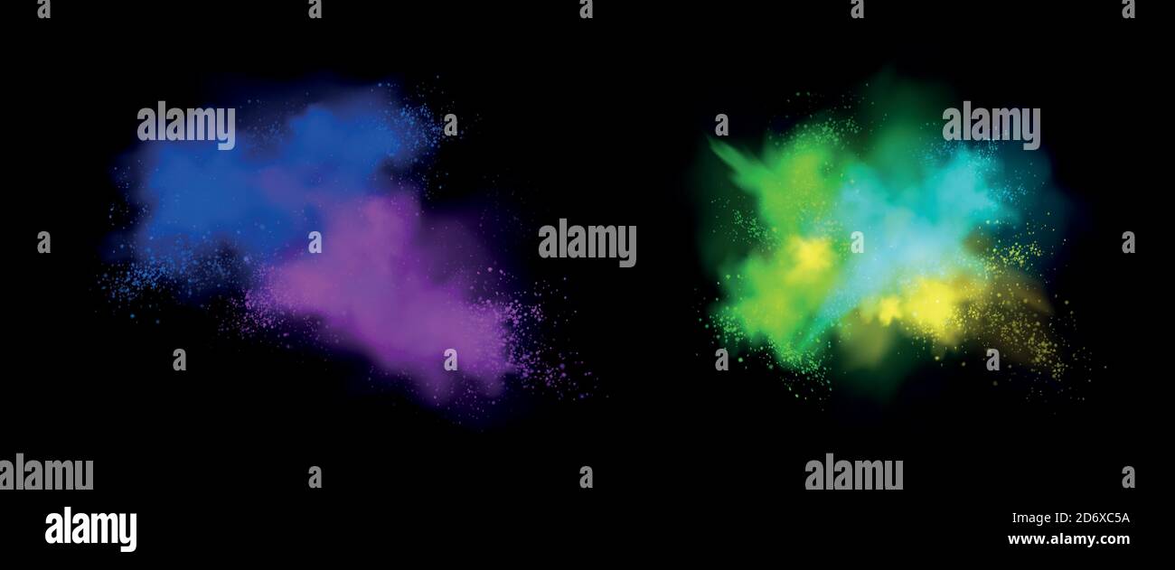 Color powder explosions isolated on black background. Splash and spray ...