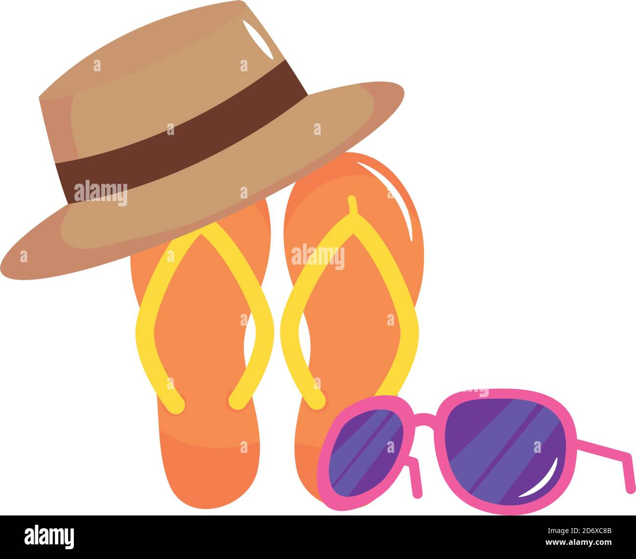 vacations concept, flip flops with sunglasses and hat over white ...