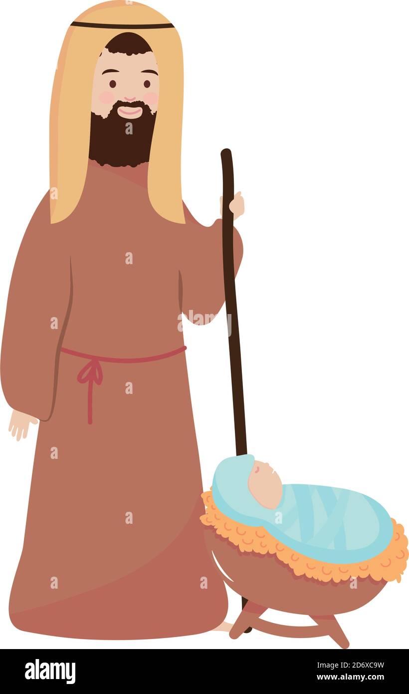 Nativity concept, cartoon joseph with baby jesus icon over white ...