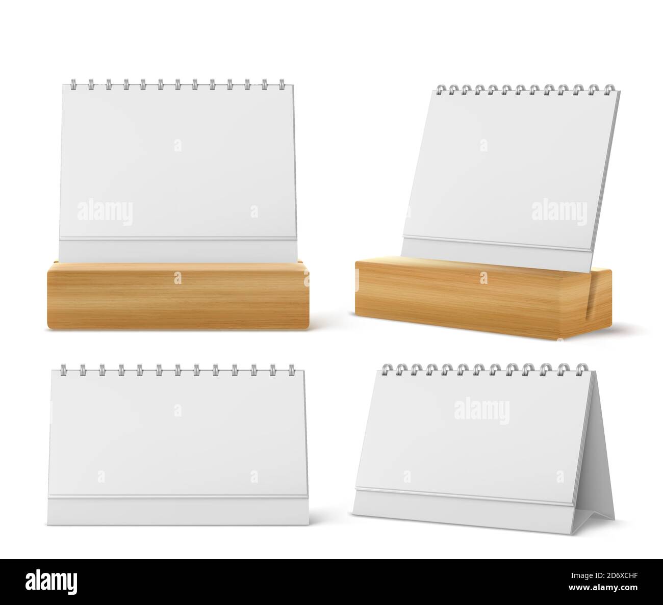 Desktop calendars with metal spiral and blank pages isolated on white ...