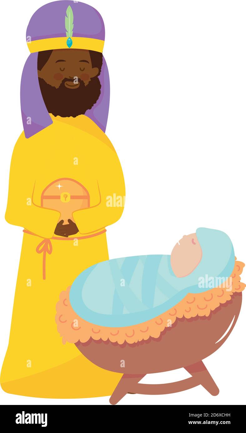cartoon Baby jesus and balthazar magi wise icon over white background ...
