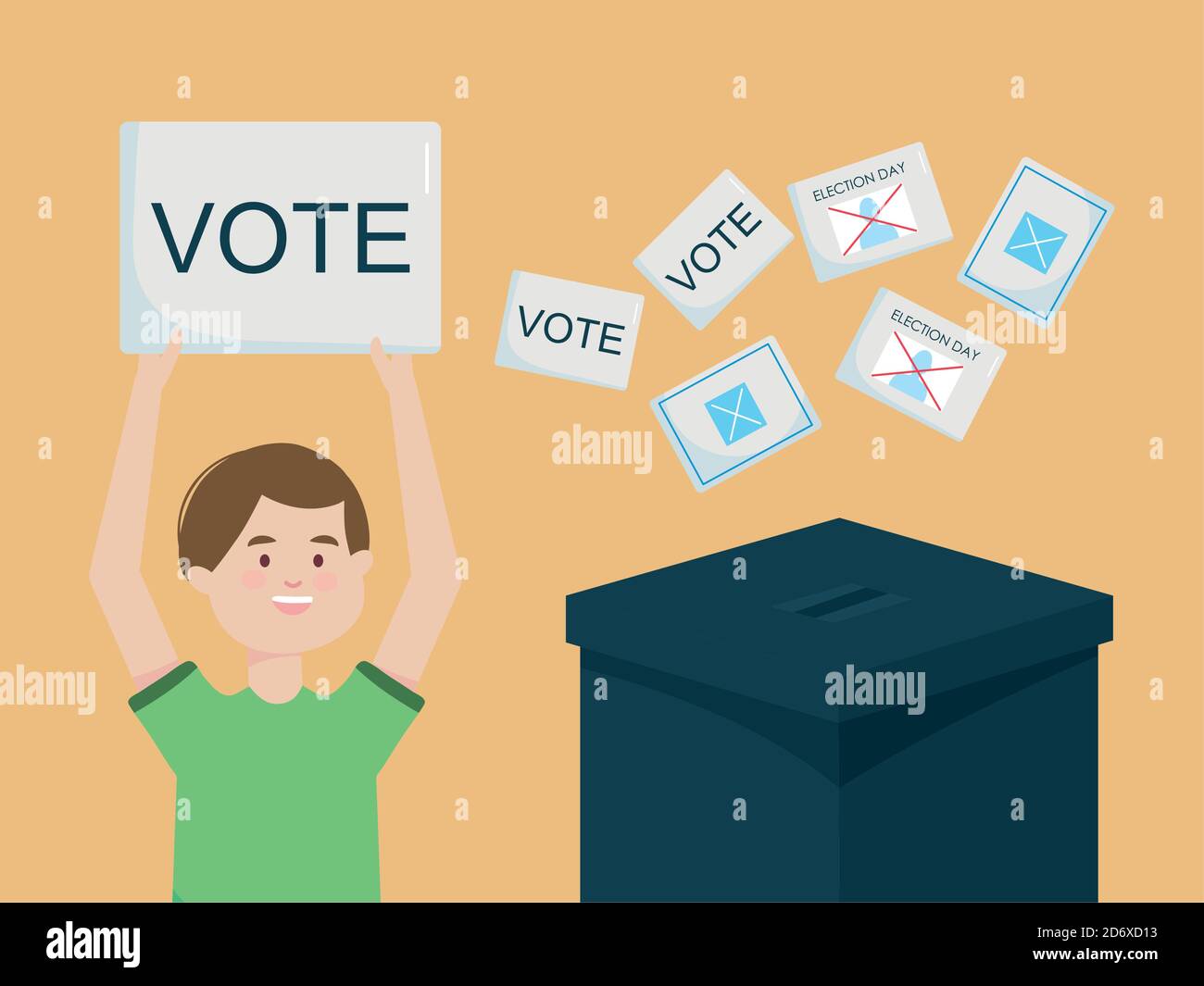 Election day design with cartoon happy man holding up a vote placards ...