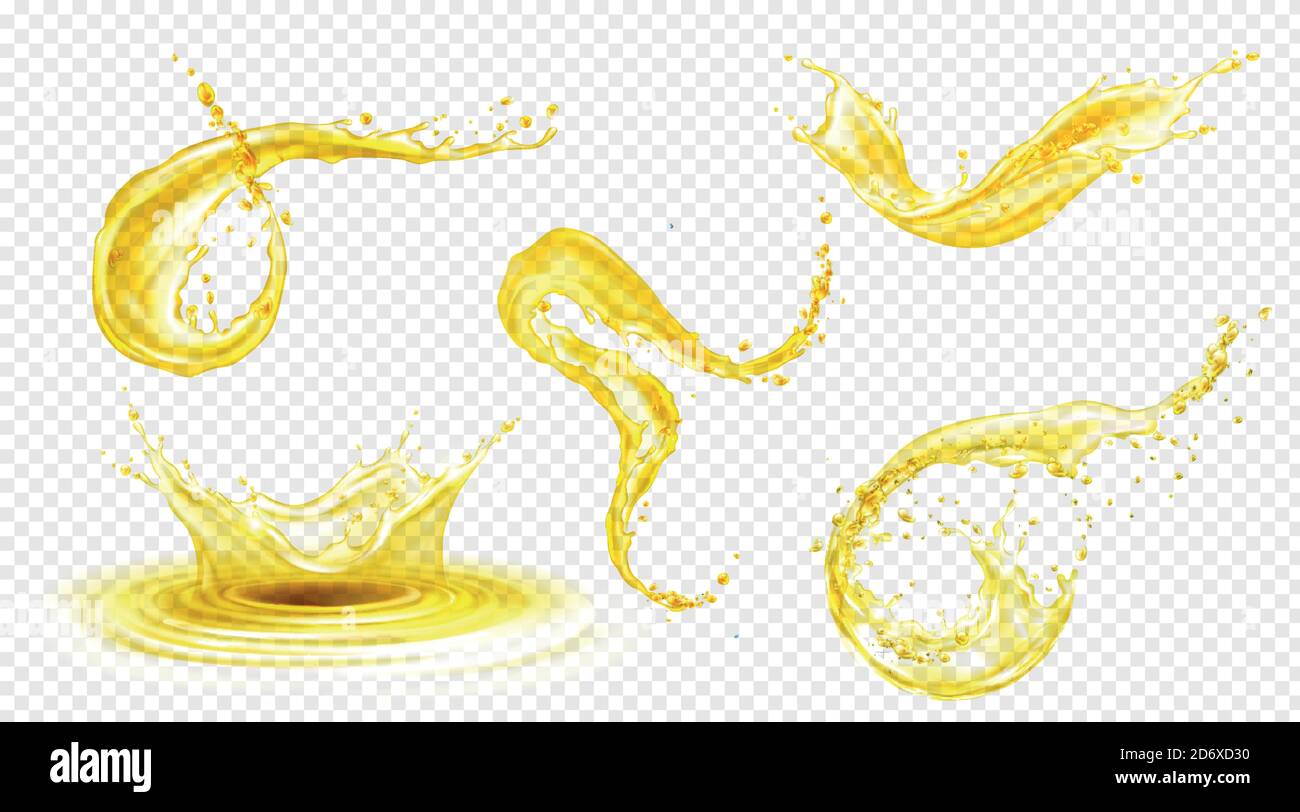 Orange, lemon juice or oil splashes, liquid yellow drink streams with ...