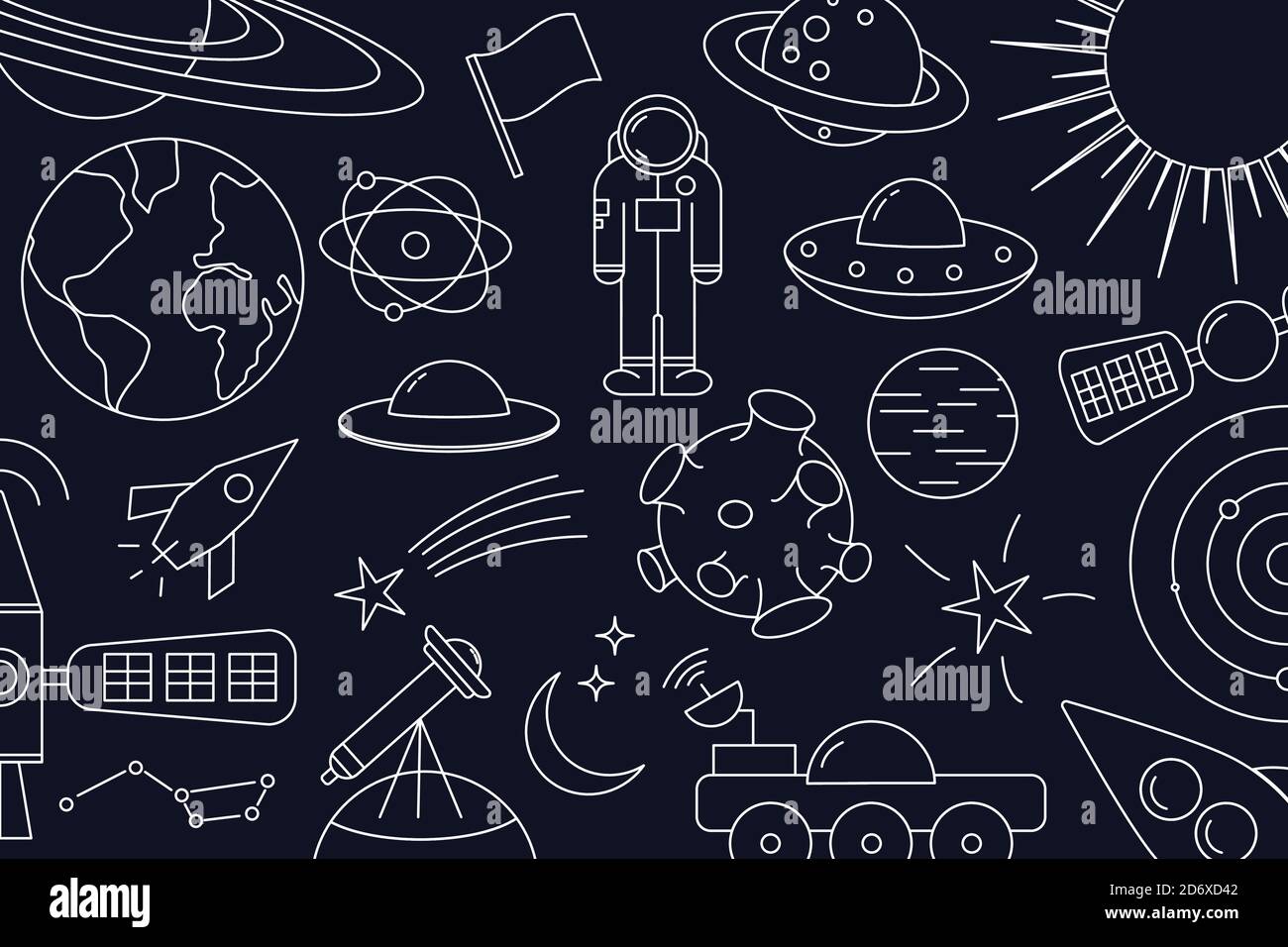 Modern pattern of planet, star, comet, with different rockets. Universe ...