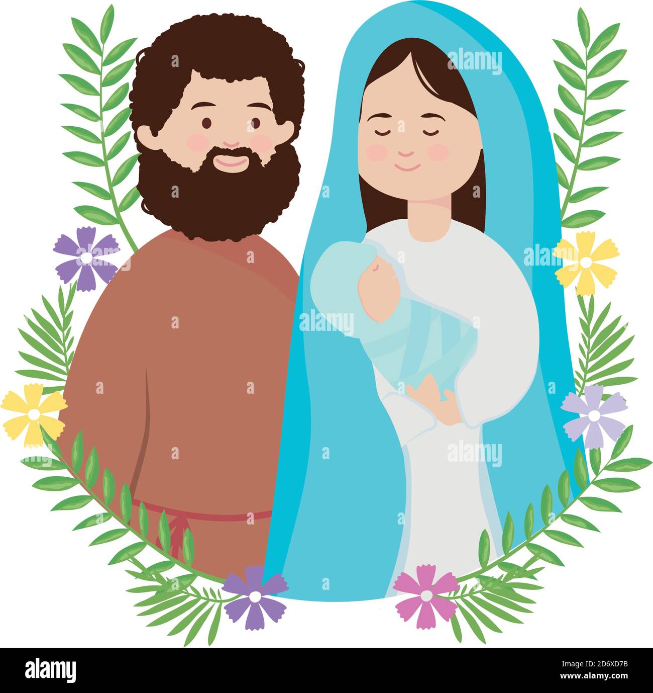 Nativity concept, Joseph and Virgin Mary around of decorative leaves ...