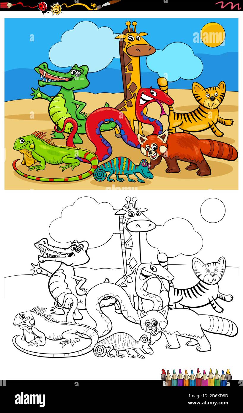 Cartoon Illustration of Wild Animal Characters Group Coloring Book Page ...