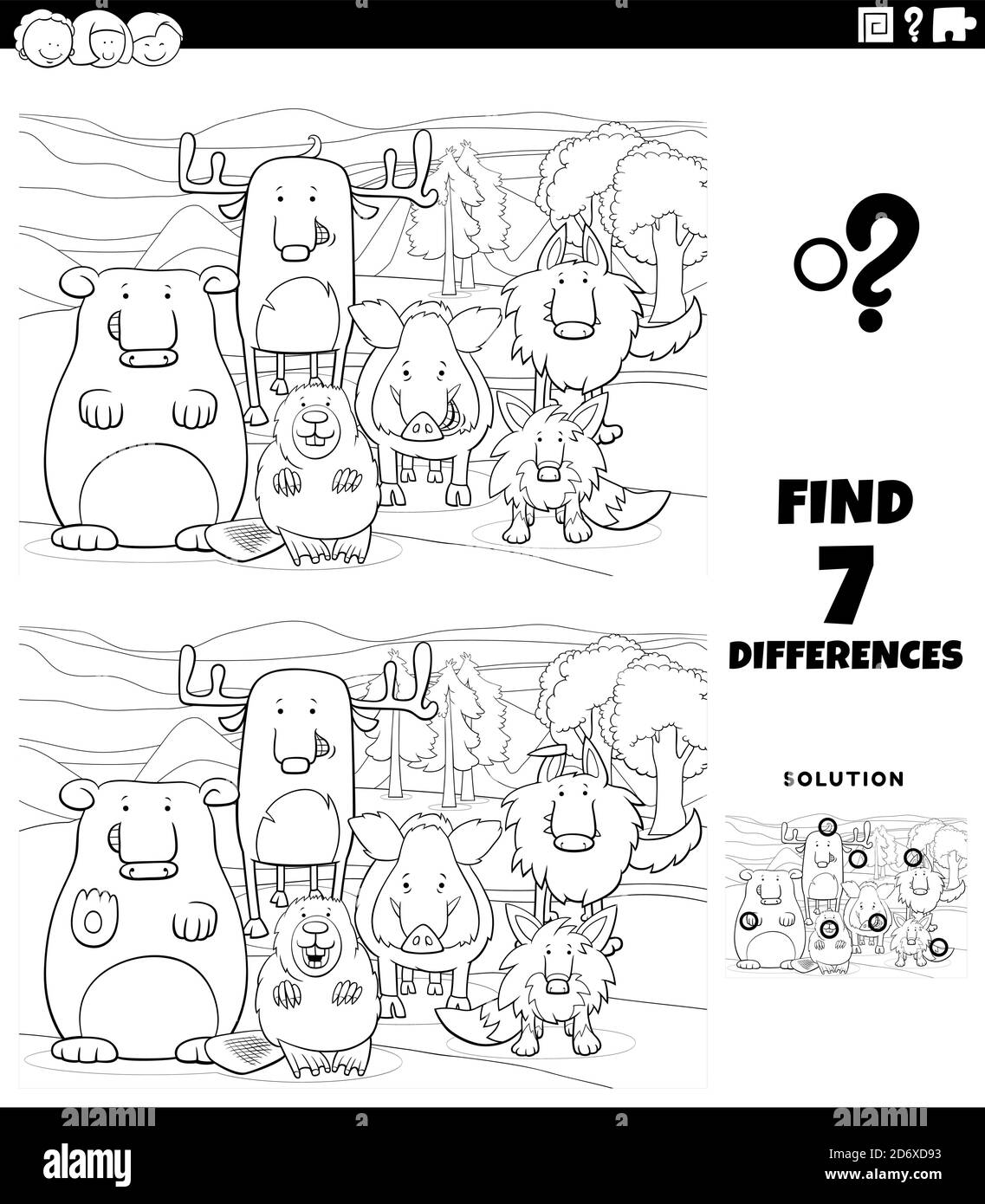Black and White Cartoon Illustration of Finding Differences Between ...