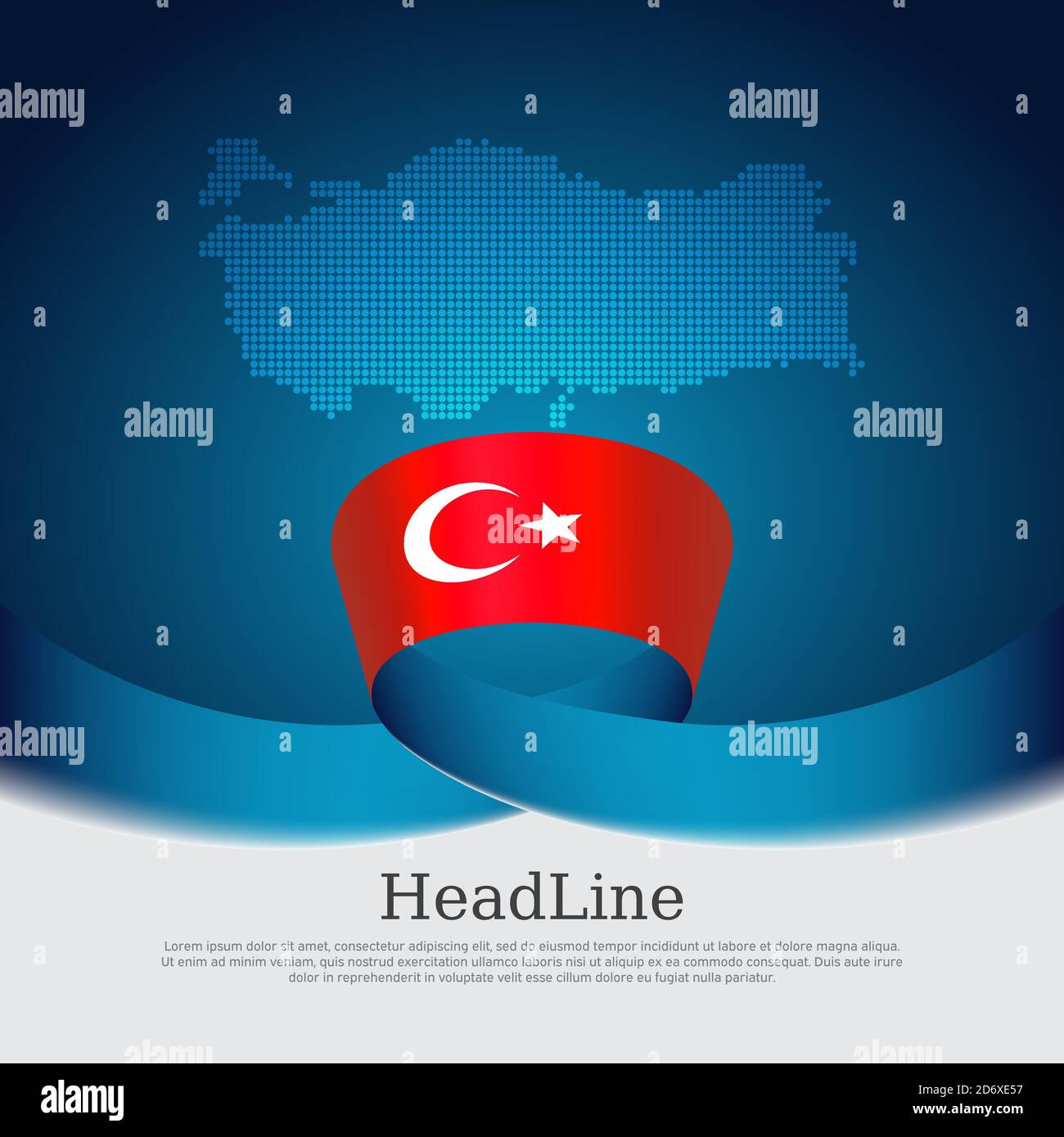 Turkey flag with wavy ribbon on a blue white background. Background ...
