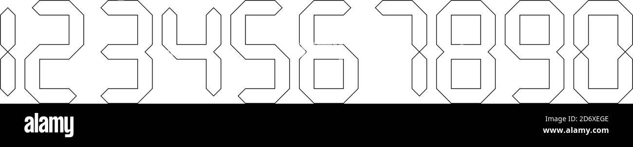 White digital numbers with black outline. Seven-segment display is used in calculators, digital ...