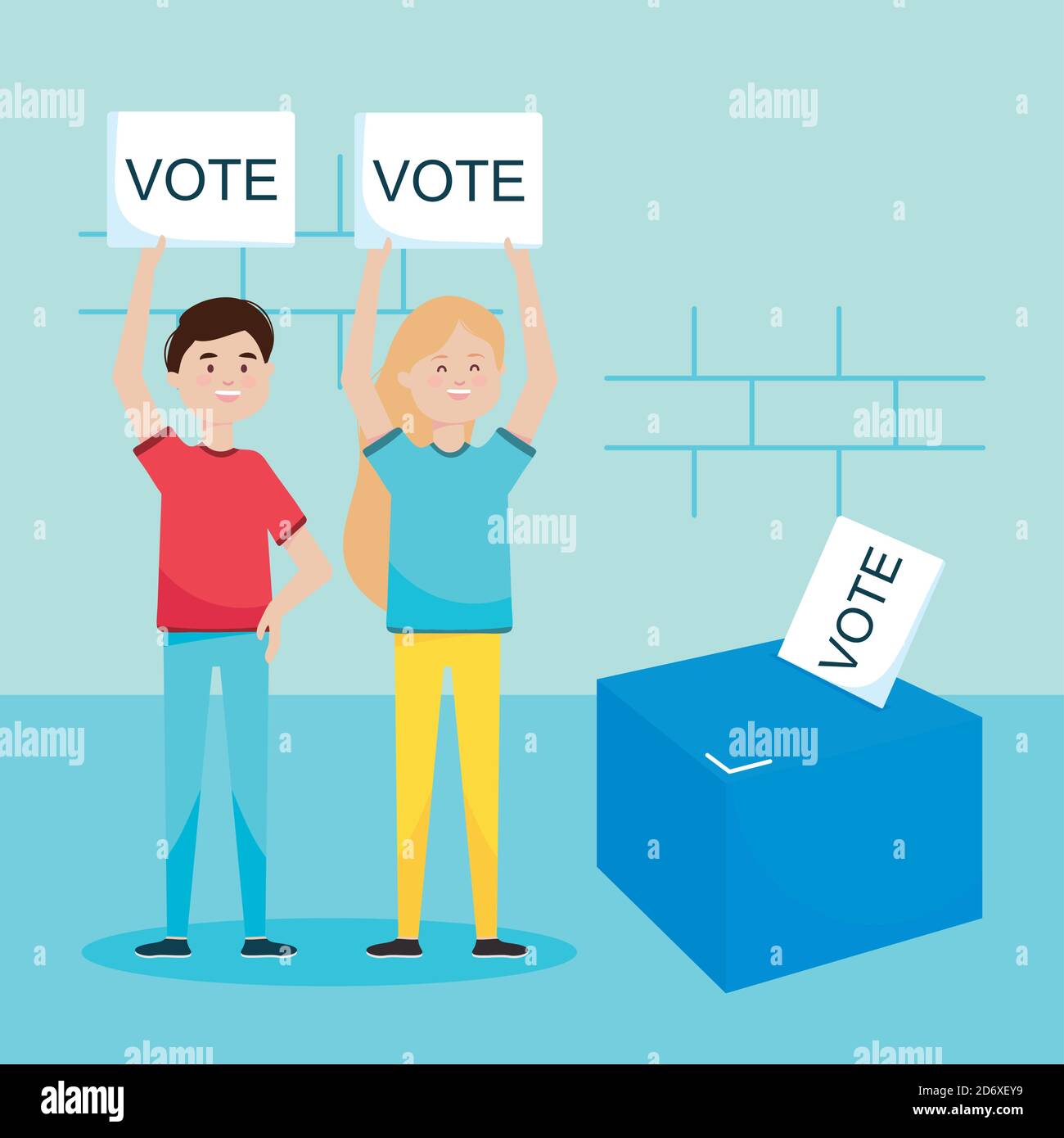 election day concept, ballot box and cartoon man and woman holding up a ...