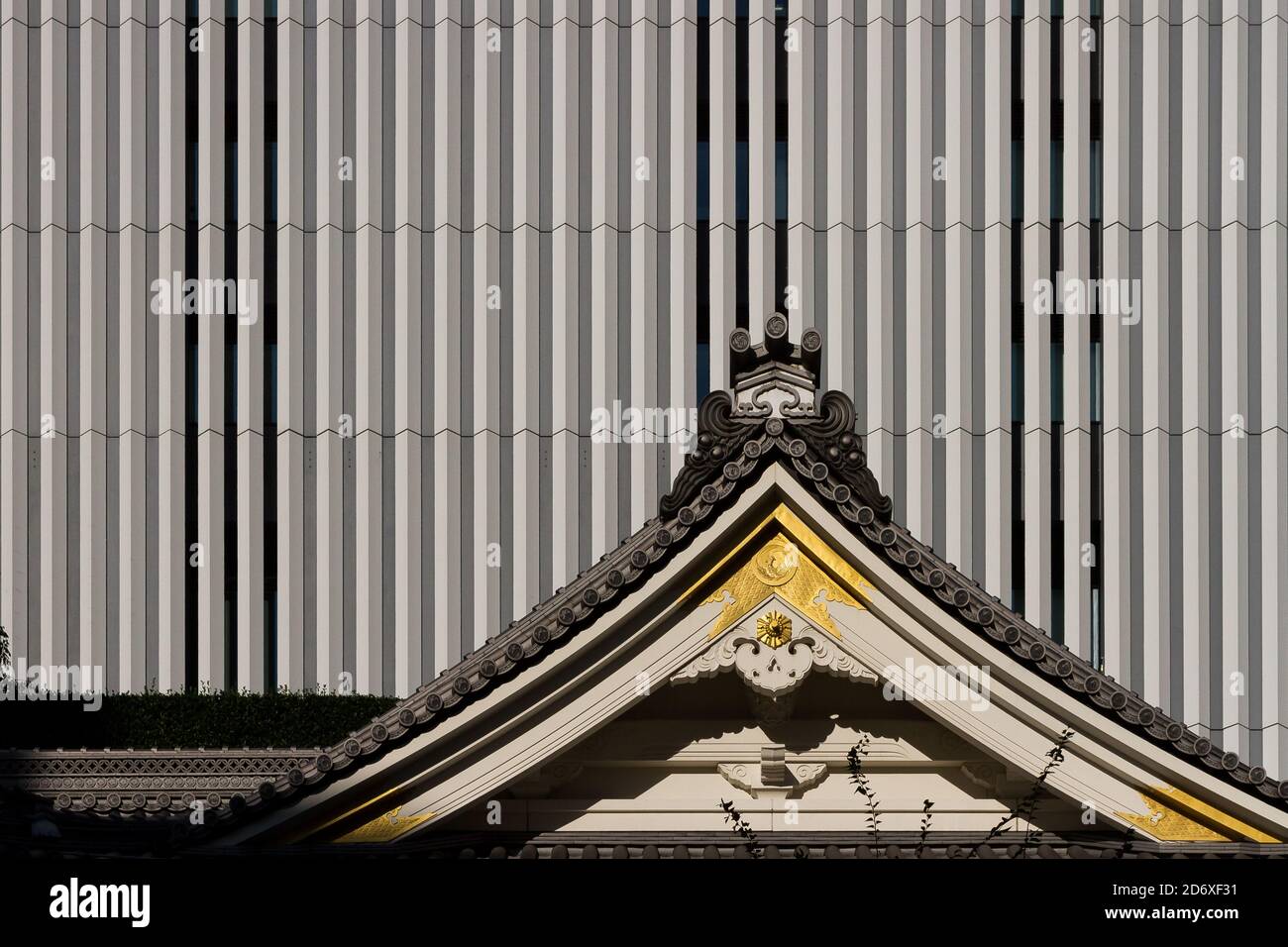 Detail of the roof of the rebuilt Kabukiza theatre in front of the ...