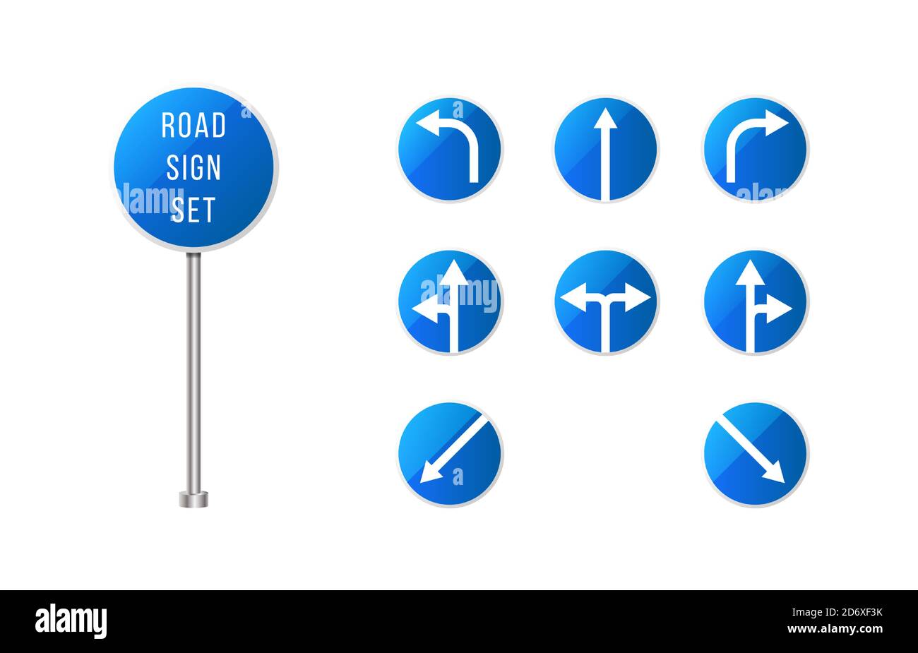 European road signs set . Blue rounded road sign set with arrows ...