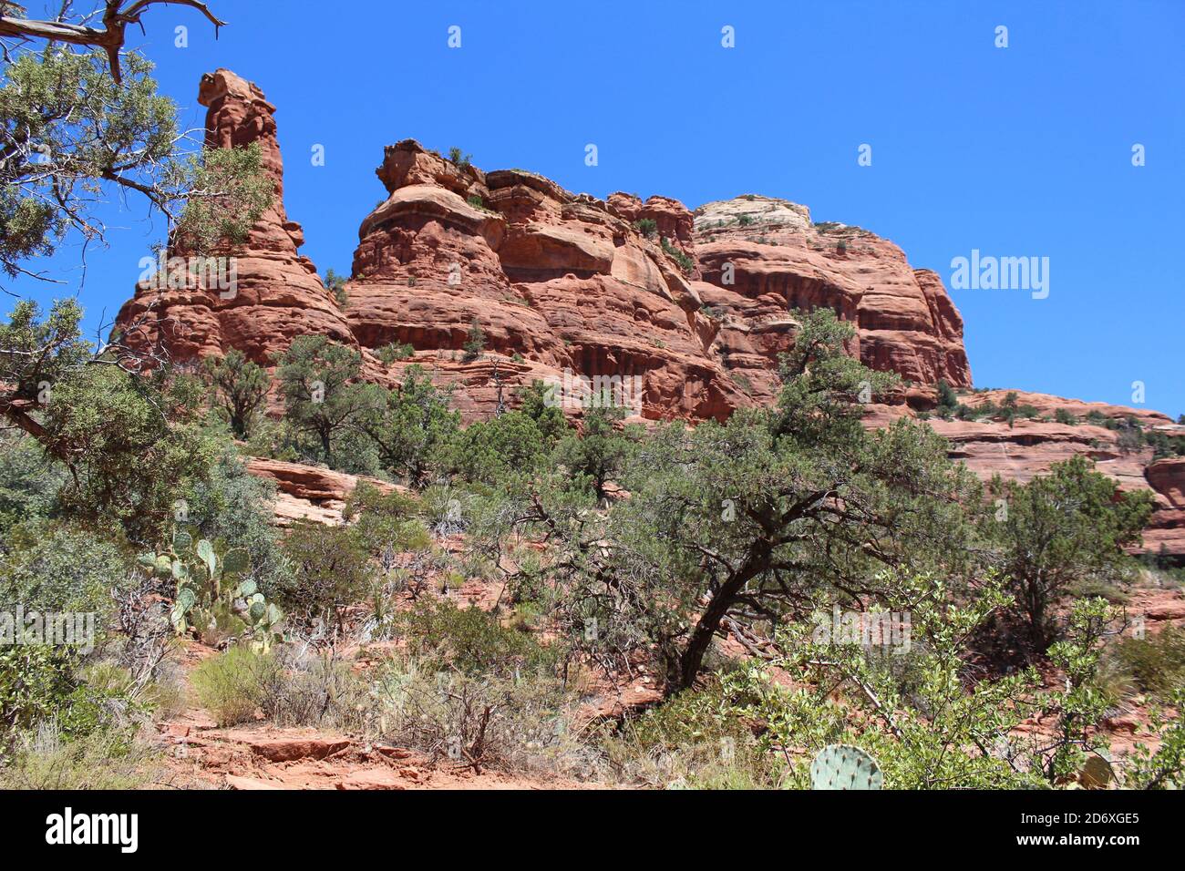 Large red sandstone cliffs with lush green bushes depicting the typical ...