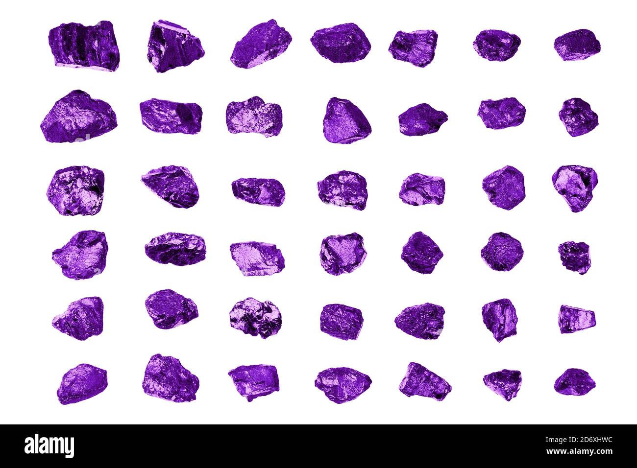 Purple gem stones set white background isolated close up, raw gemstones ...