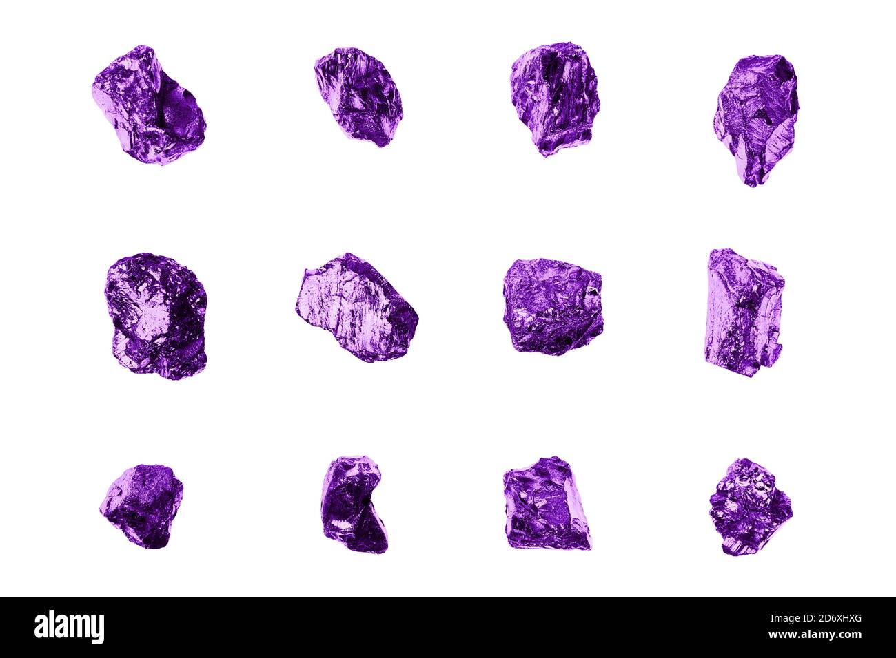 Purple gem stones set white background isolated close up, raw gemstones ...