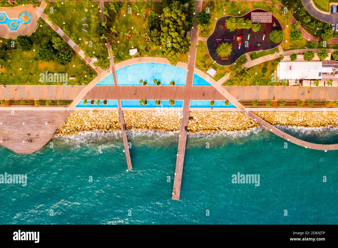 Aerial view of Molos Promenade park of Limassol, Cyprus with beachfront ...