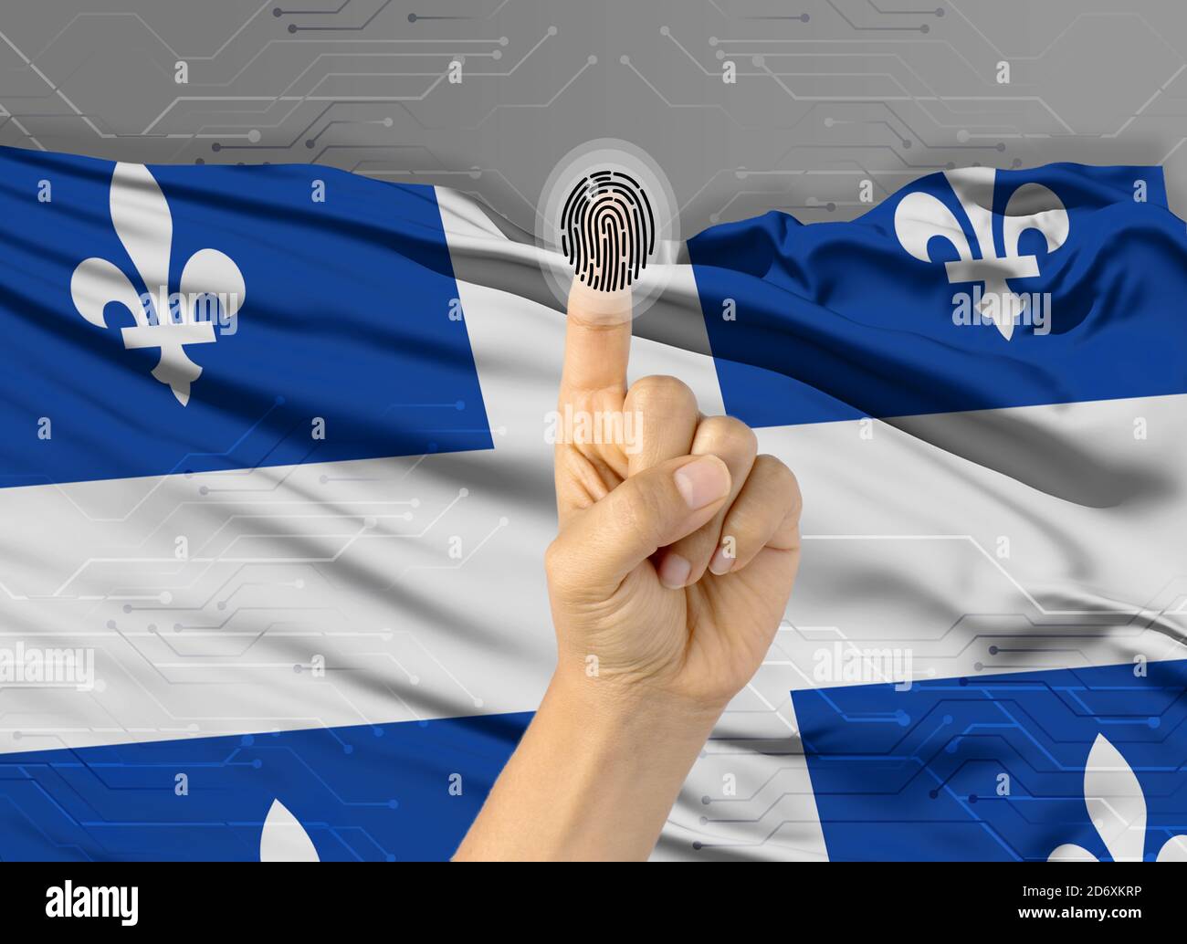 Digital ID Quebec on finger of white skin person and Canadian province ...