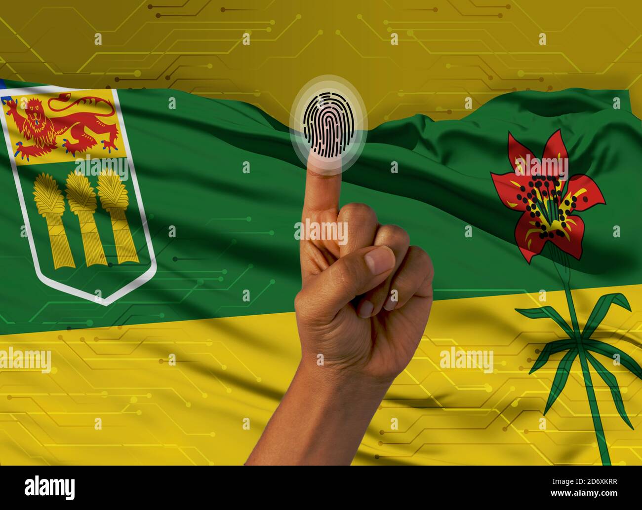 Digital ID Saskatchewan on finger of dark skin person and Canadian ...