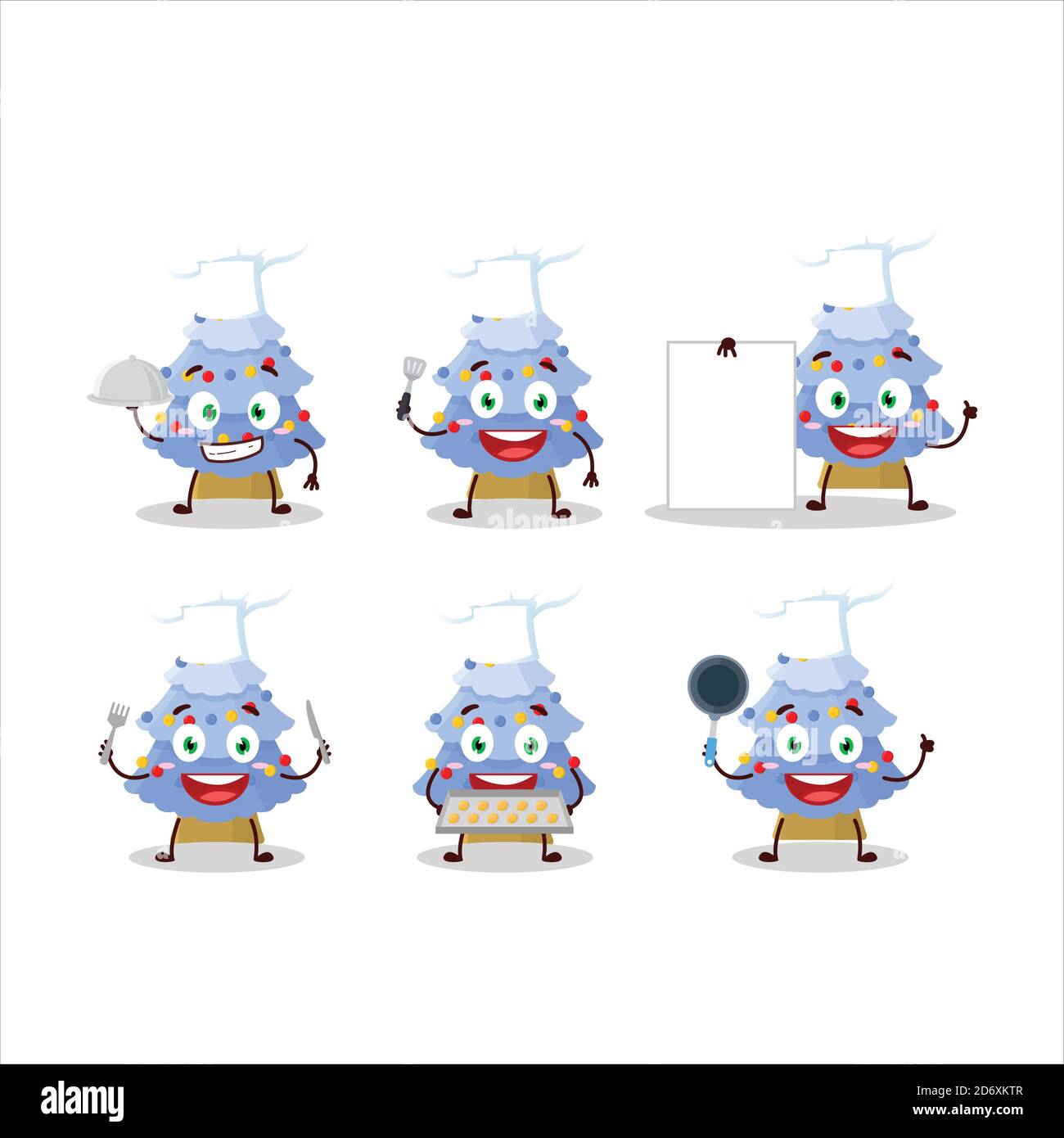Cartoon character of blue christmas tree with various chef emoticons ...