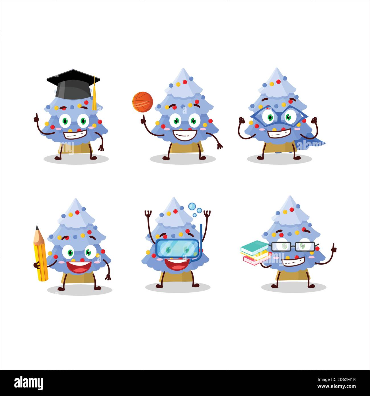 School student of blue christmas tree cartoon character with various ...