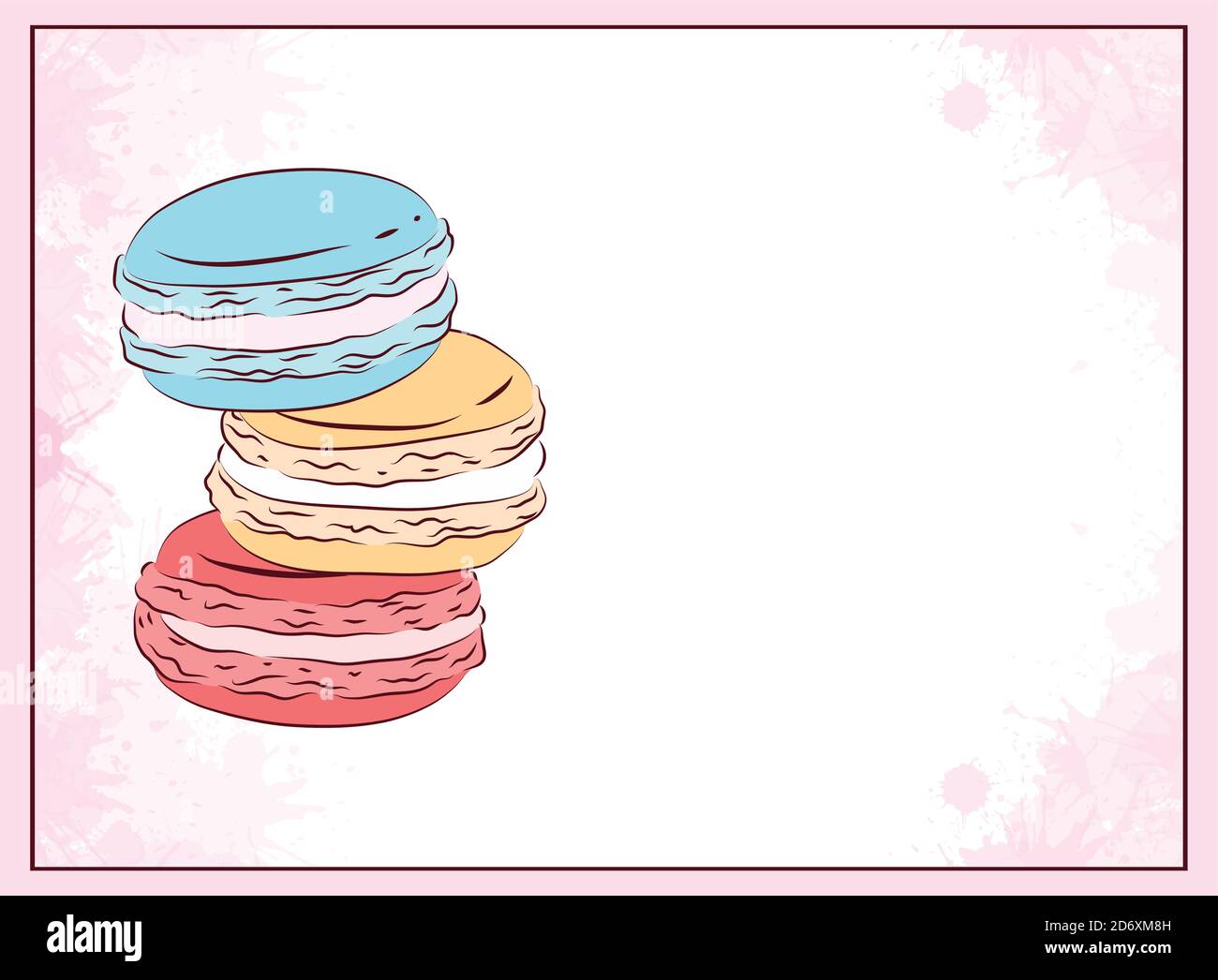 Delicate card with colored drawing of macaroon, pink watercolor ...