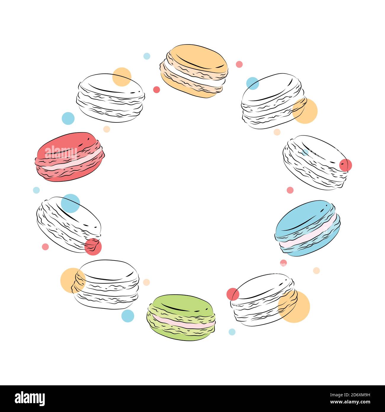 Round frame of delicate contour macaroons with multicolored dots ...