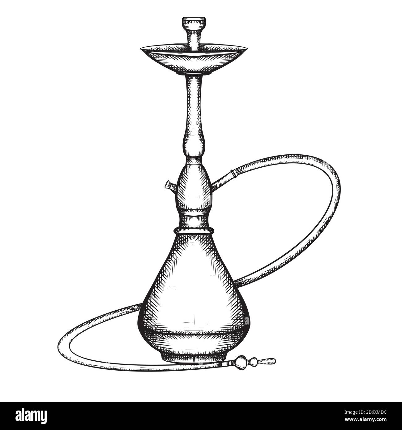 Black and white illustration of hookah with hatching. Vector engraving ...