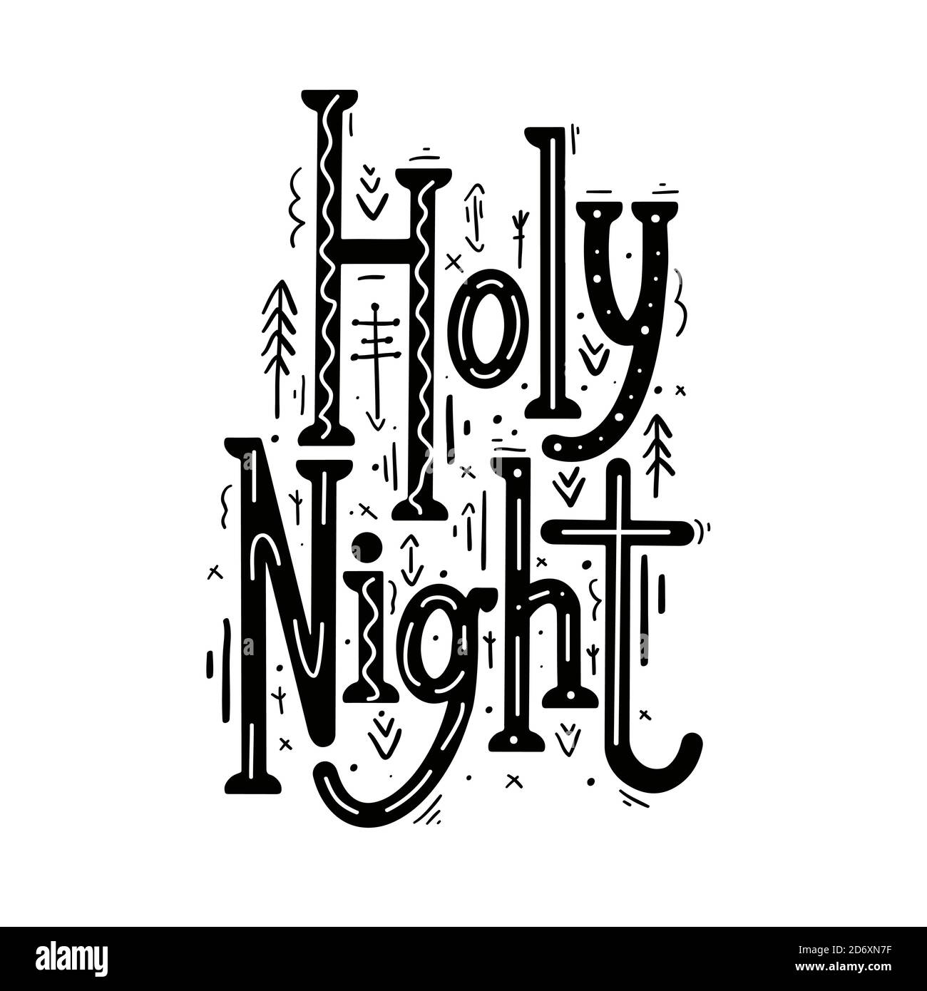 Holy Night. Festive Christmas lettering with ethno decoration. Black ...