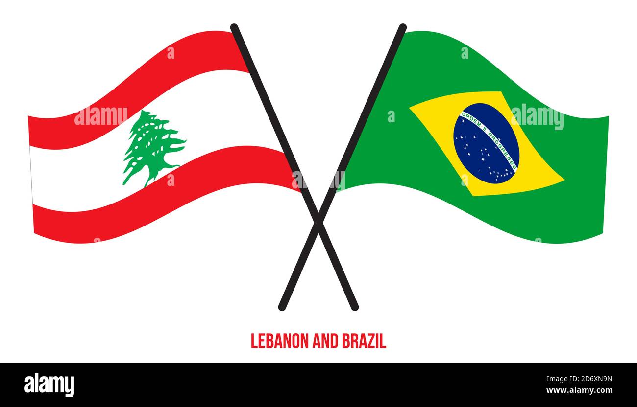 Lebanon and Brazil Flags Crossed And Waving Flat Style. Official ...