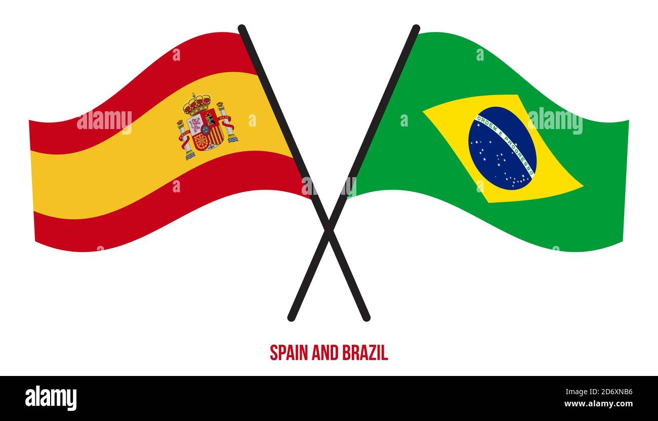 Spain and Brazil Flags Crossed And Waving Flat Style. Official Proporti