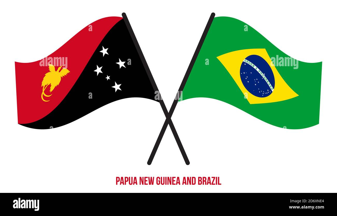 Papua New Guinea and Brazil Flags Crossed & Waving Flat Style. Official Proportion. Correct ...