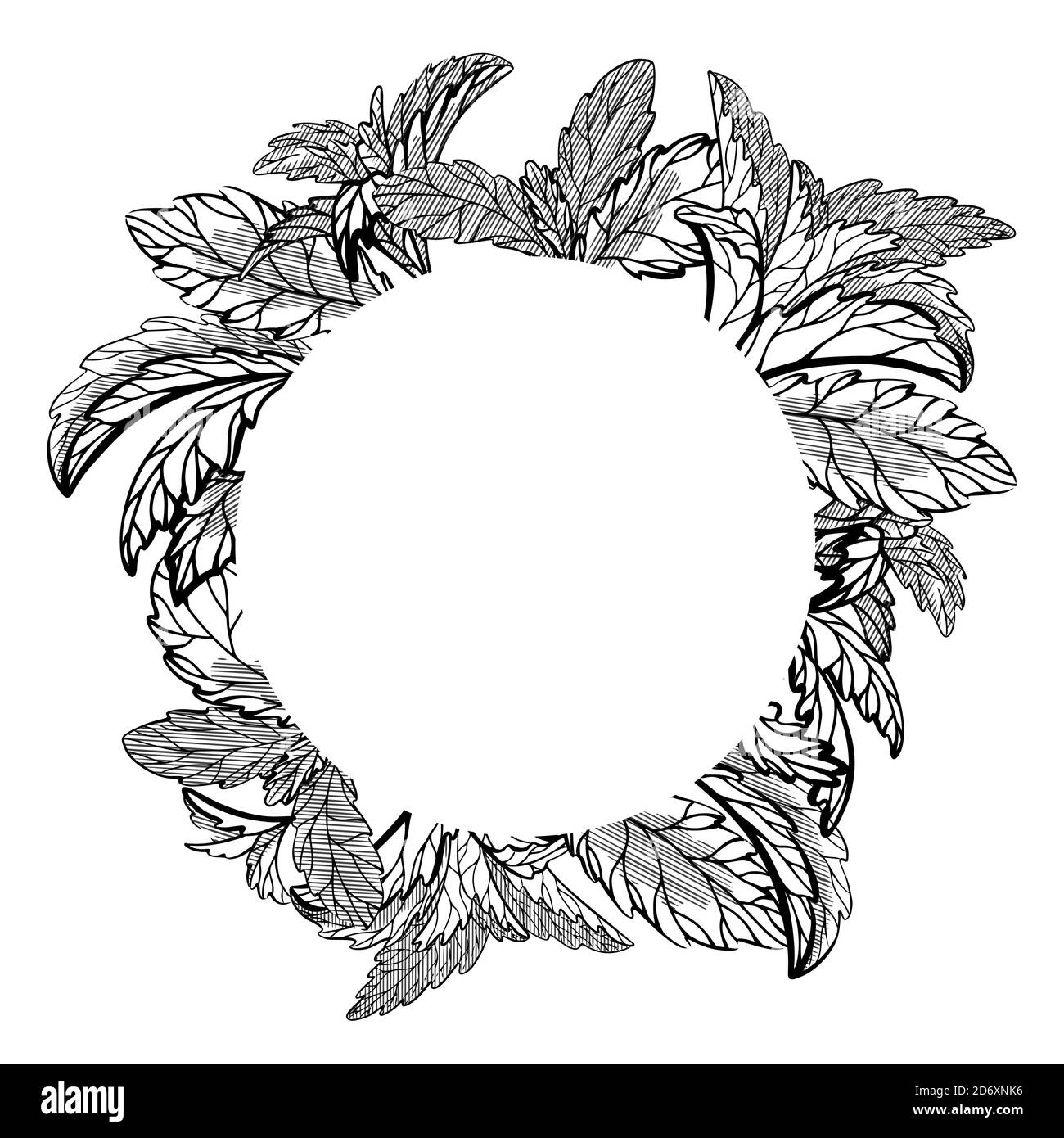Circle frame with sketch of plants and grass. Vector template for ...