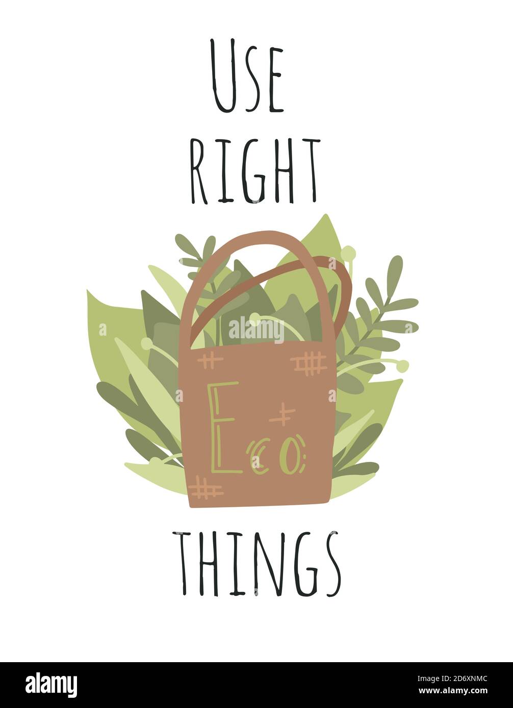 Use right things. Flat illustration of eco material bag with foliage ...