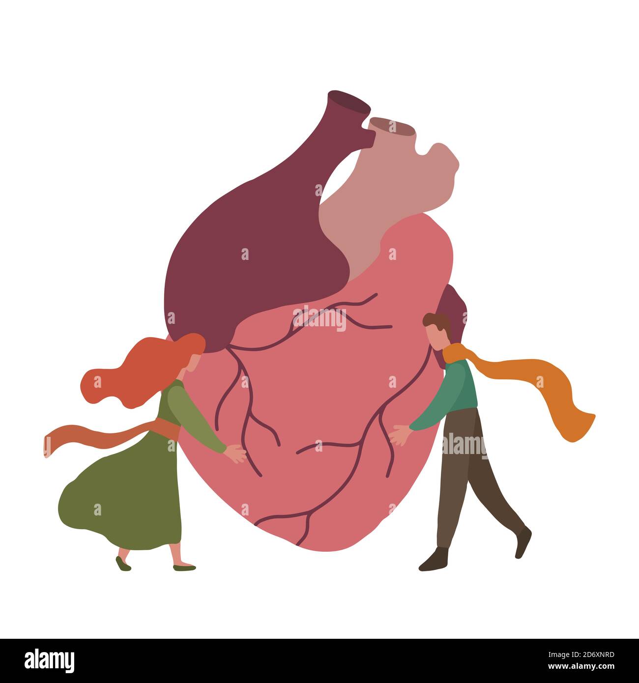 Flat illustration of realistic heart with small hugging couple ...