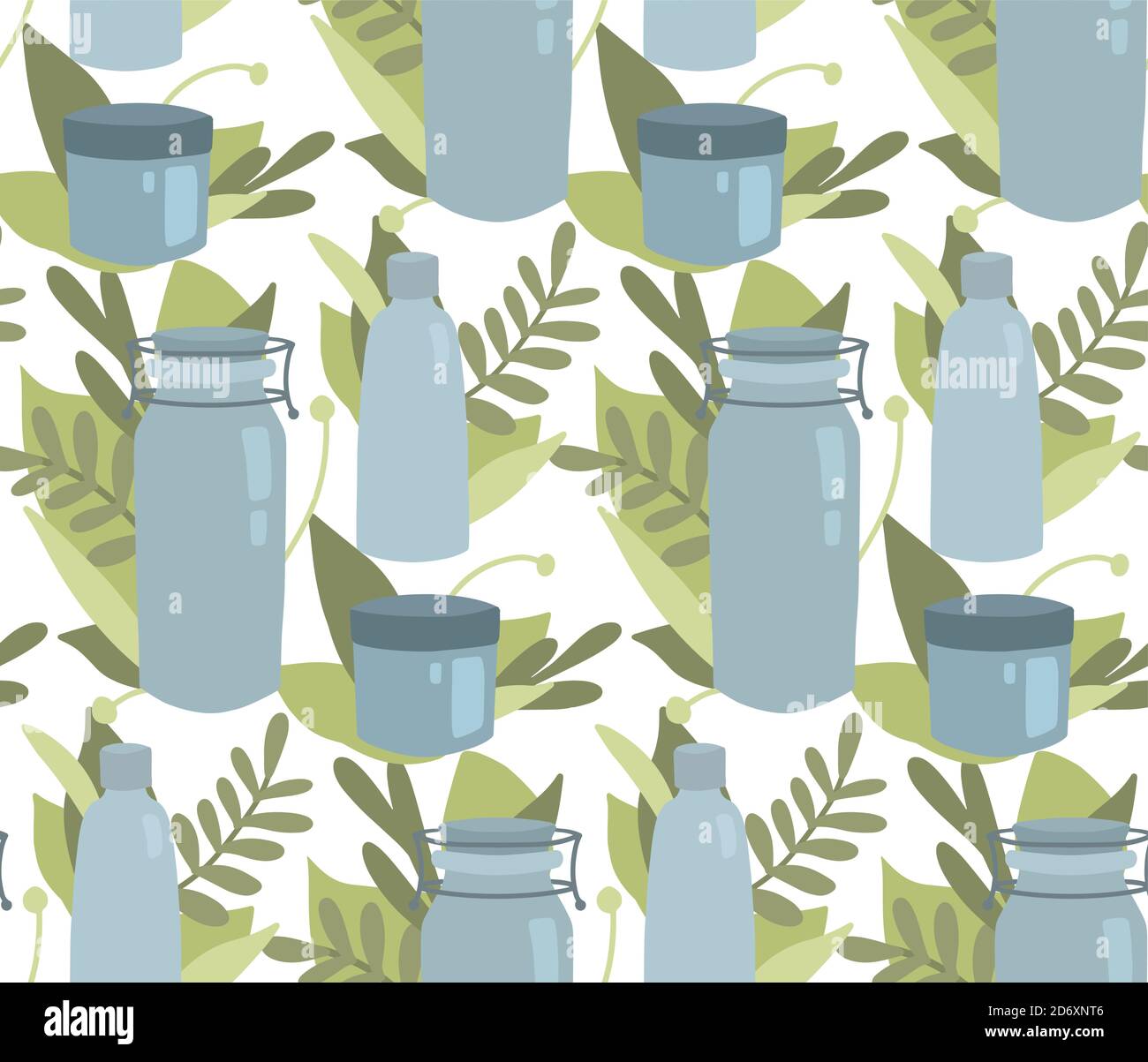 Seamless flat texture of glass bottles and jar with green foliage on ...