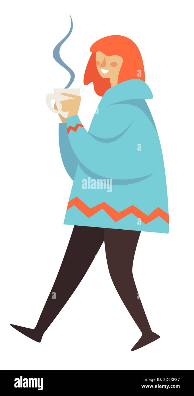 Woman wearing warm clothes walking and drinking tea Stock Vector Image ...