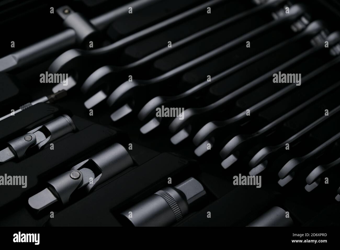 auto car chrome silver toolbox kit with socket wrench tool on dark ...