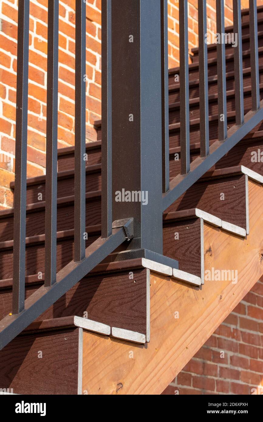 Full frame abstract texture background of a brown wooden staircase with ...