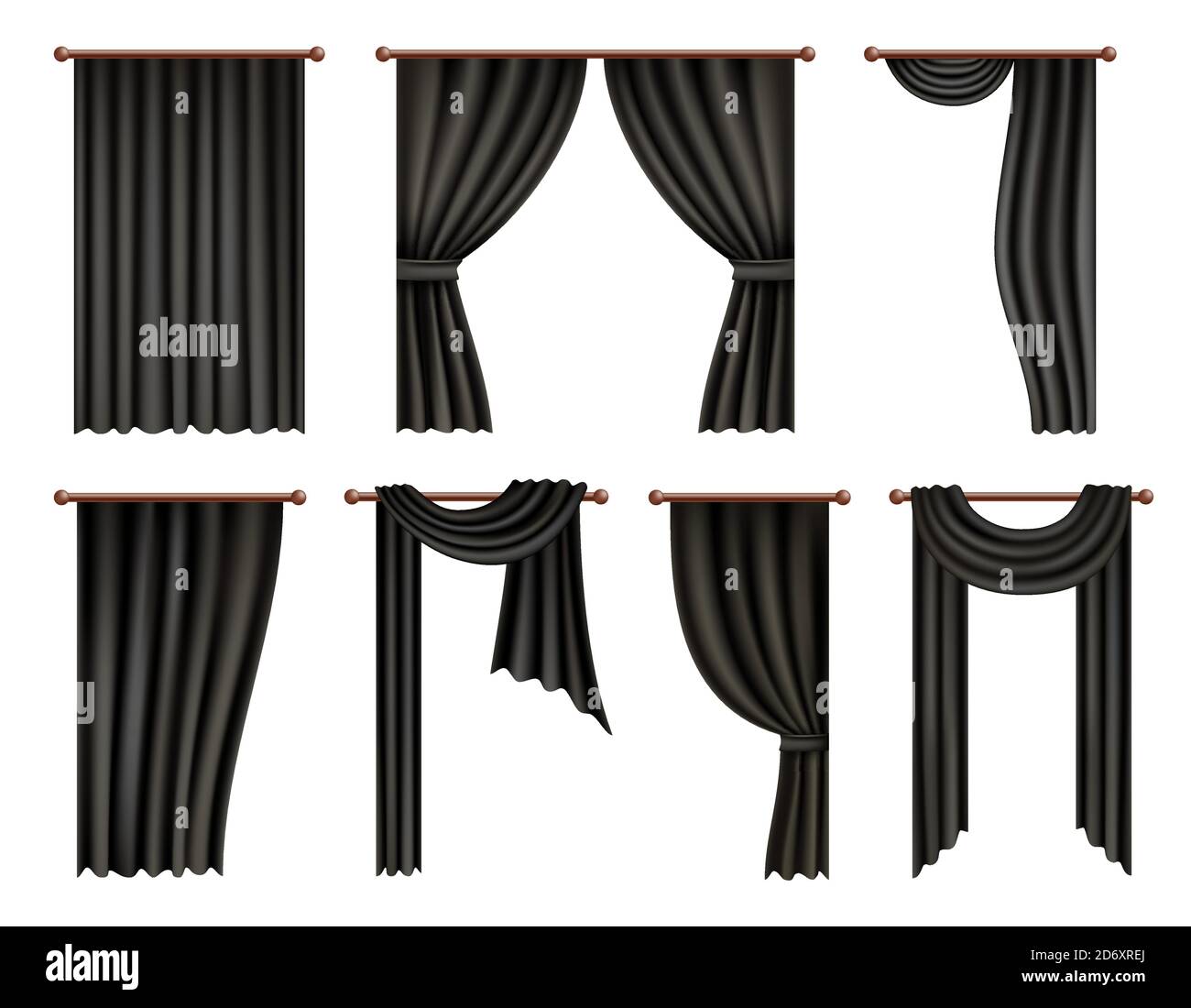 Black window curtain and drape mockup set, vector isolated illustration ...