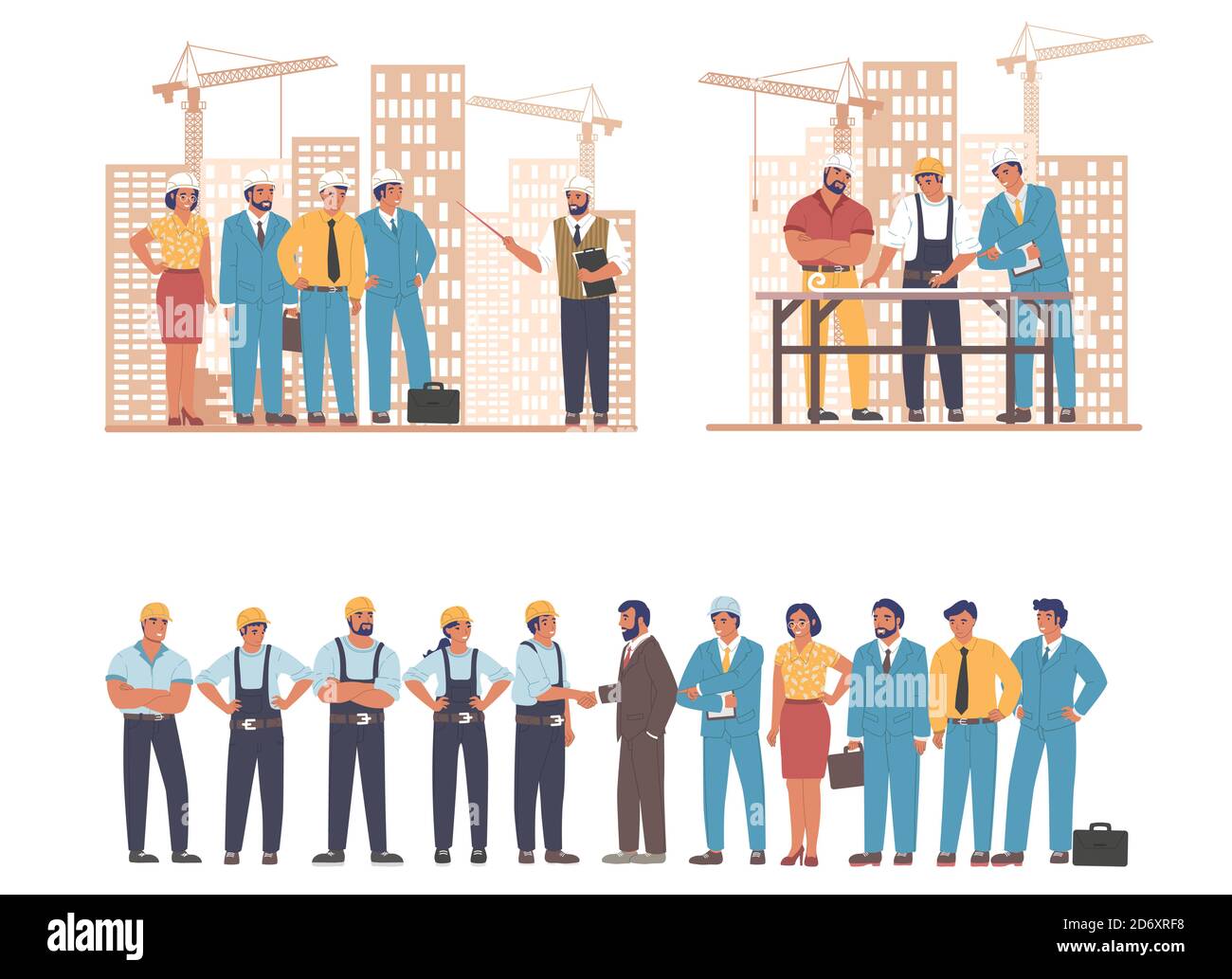 Construction engineers, architects, builder workers, flat vector ...