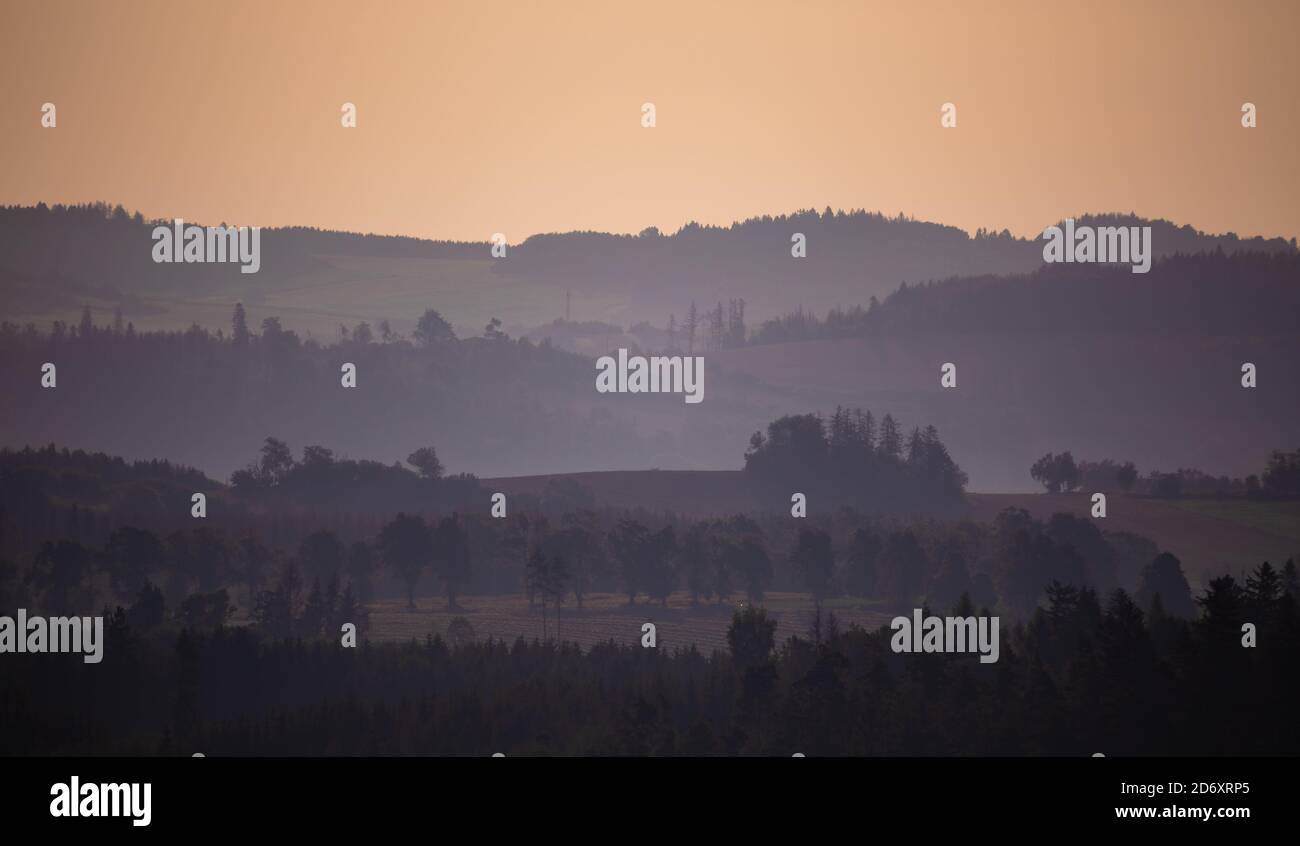 autumn fall landscape, Central europe. Foggy and misty sunrise ...