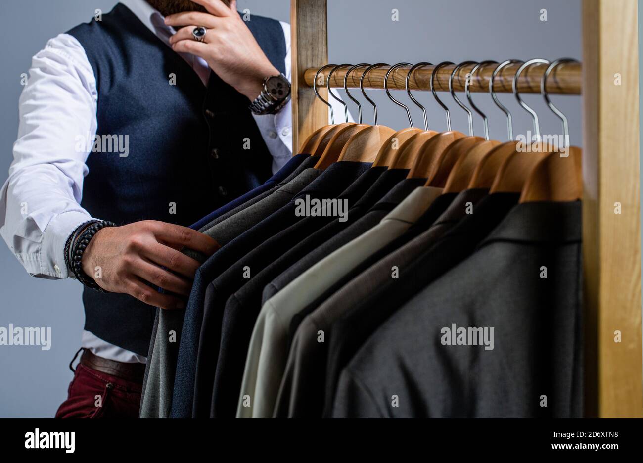 Man suit, tailor in his workshop. Fashion man in classical costume suit ...