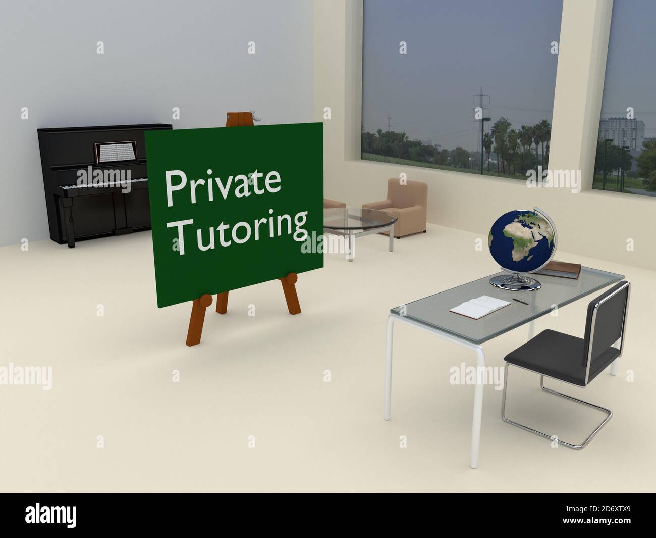 3D illustration of Private Tutoring text on a tripod in a living room ...