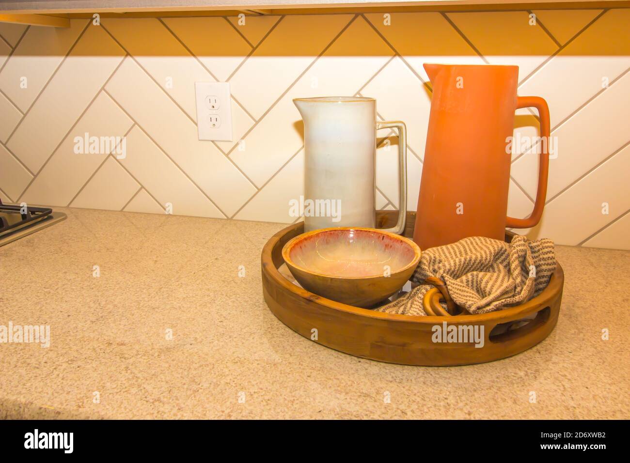Wooden Serving Tray With Two Pitchers Stock Photo - Alamy