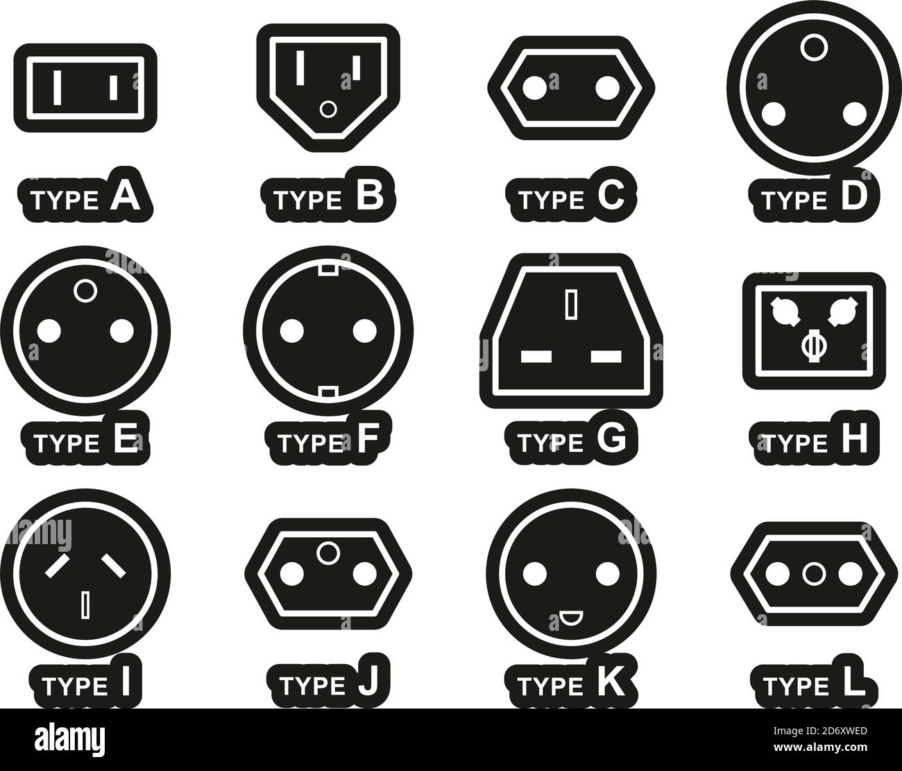 Electrical Plug Type Icons White On Black Sticker Set Big Stock Vector ...