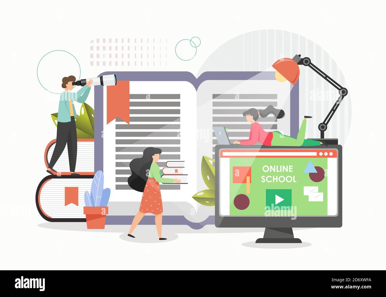 Students studying from home using computers, flat vector illustration ...